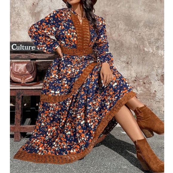 Dresses | Plus Floral Print V Neck Lace Insert Long Sleeve Maxi Dress ...